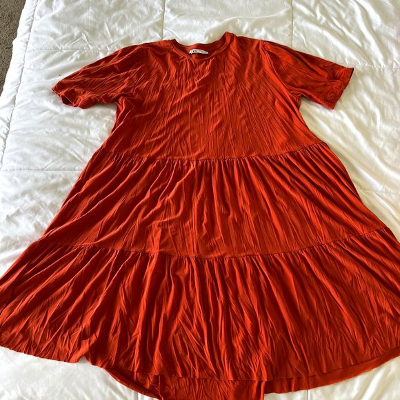 Zara | Dresses | Zara Short Sleeve Crew Neck Rust Orange Mini Dress ...